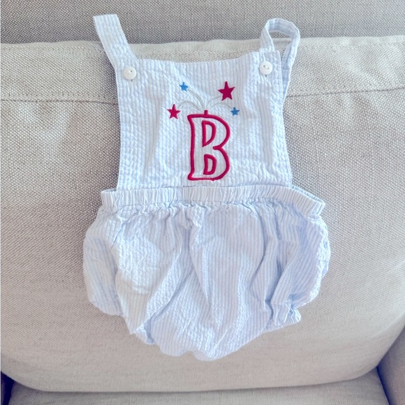 timeless tot | One Pieces | Blue Seersucker Bubble Letter B Monogrammed ...